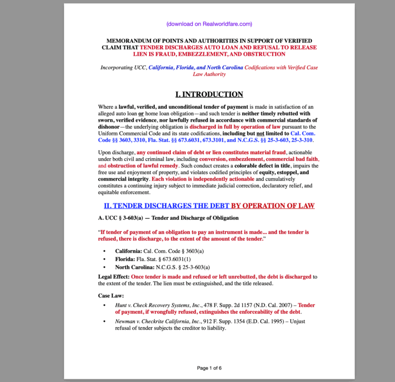 MEMORANDUM OF POINTS AND AUTHORITIES : VERIFIED CLAIM THAT TENDER ...