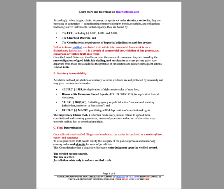 MEMORANDUM OF POINTS AND AUTHORITIES IN SUPPORT OF VERIFIED (28 U.S.C § 1746) FILINGS STANDING ...